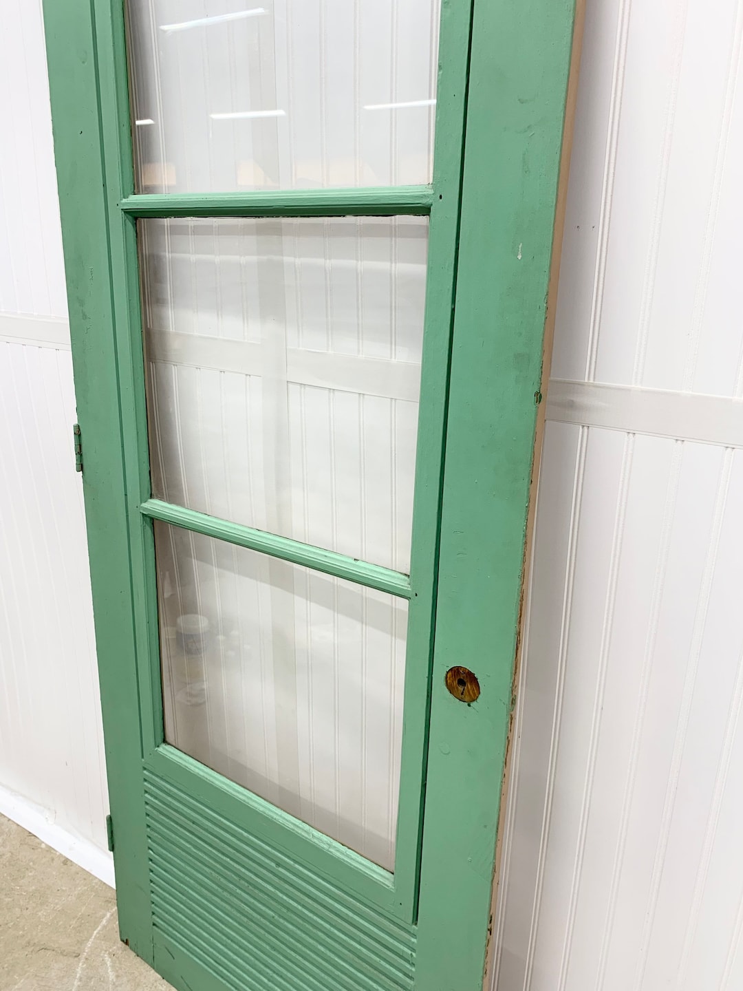 Vtg Green Wood Storm Door 3 Glass Pane Architectural Salvage Farmhouse ...