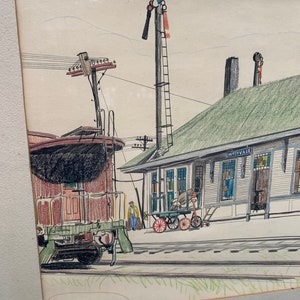 Wonderfully Detailed Vintage Train Station Drawing Framed, Colored ...