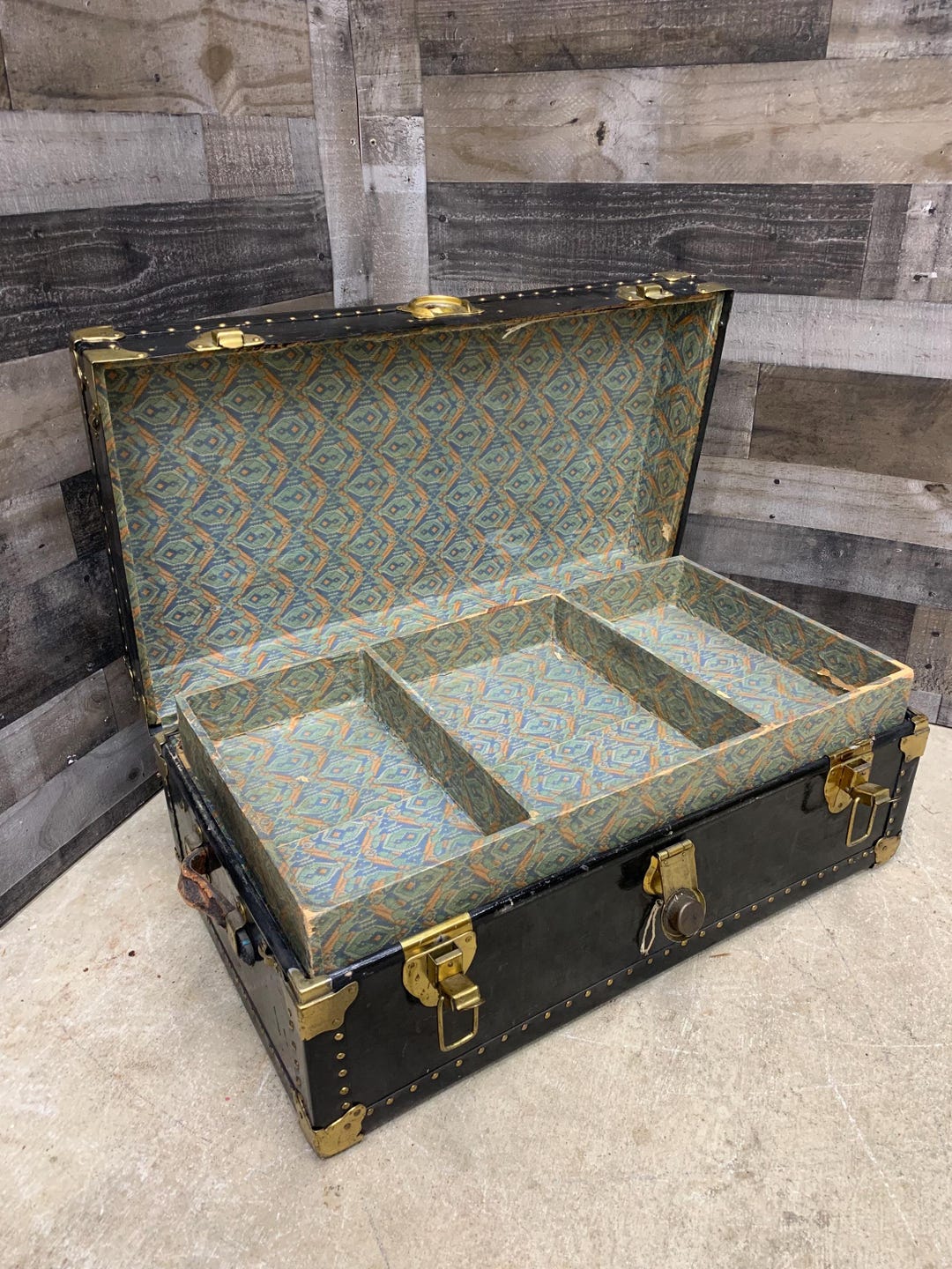 Antique Steamer Trunk With Tray and Key, Black and Brass Storage Chest ...