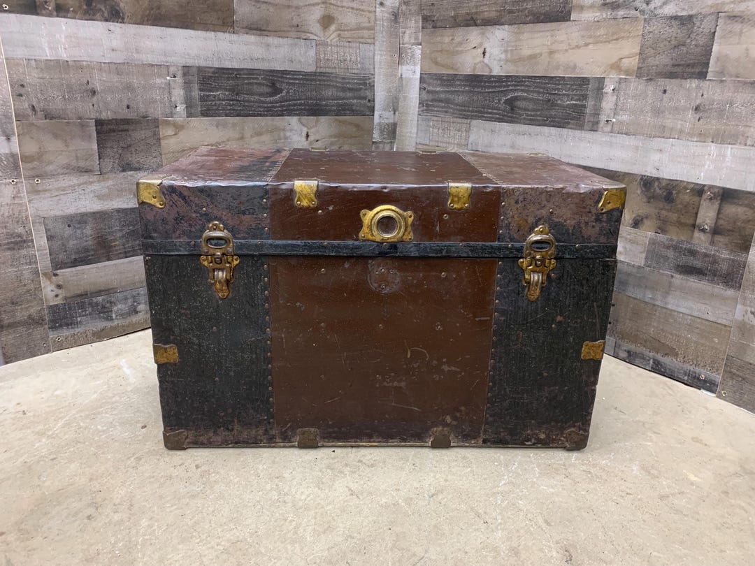 Antique Metal Steamer Trunk, Large Flat Top Storage Chest, Repurposed ...