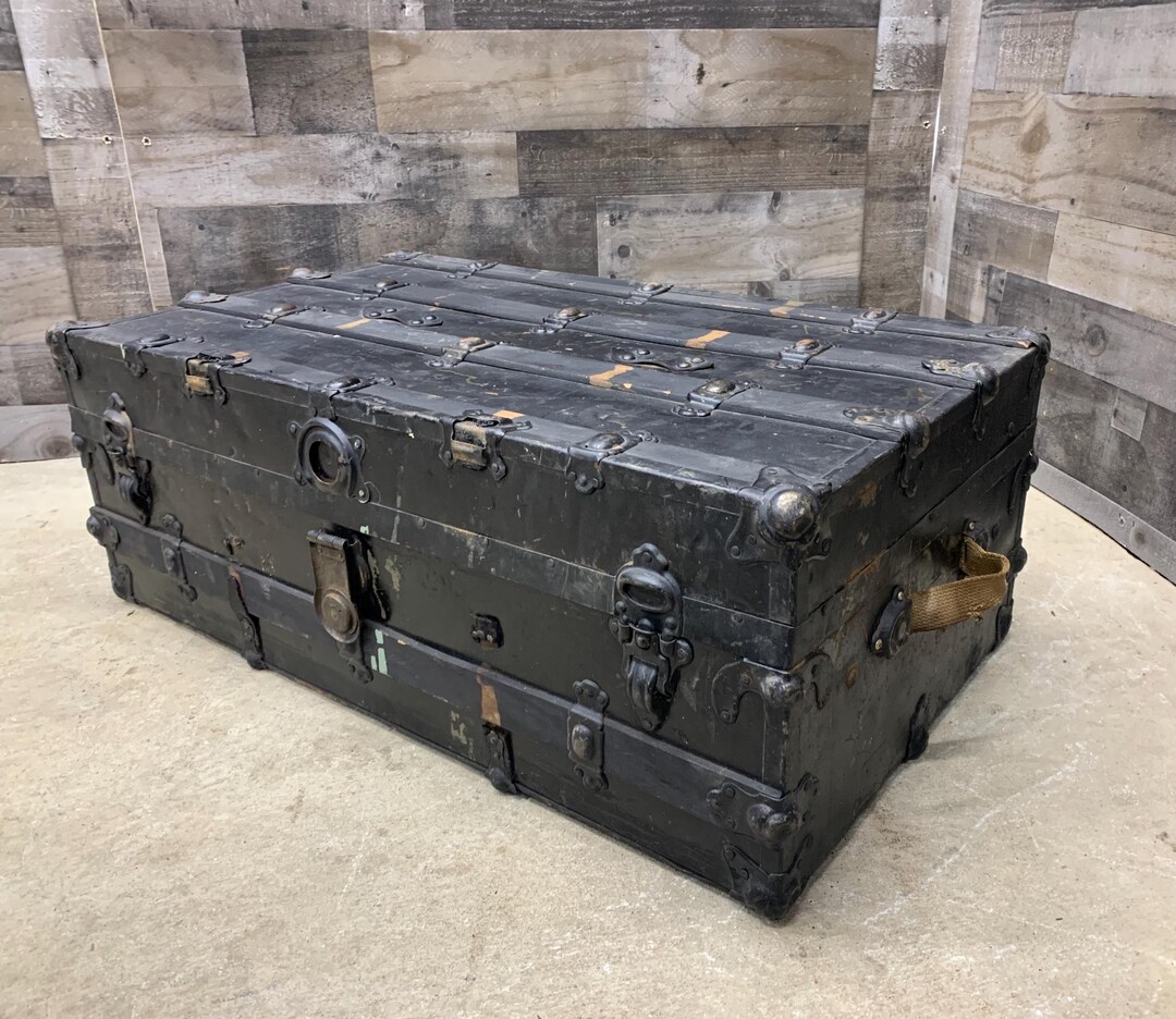 Antique Black Steamer Trunk, Vintage Storage Chest, Flat Top Storage ...