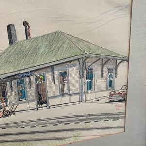Wonderfully Detailed Vintage Train Station Drawing Framed, Colored ...