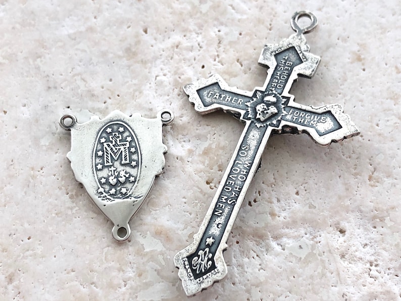 Pardon Crucifix & Miraculous Medal Shield Center - Rosary Set - Bronze ...