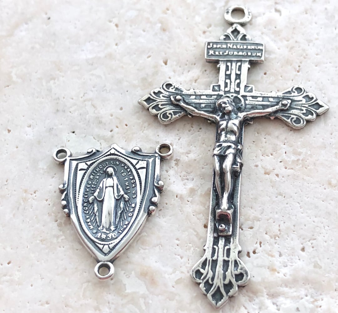 Pardon Crucifix & Miraculous Medal Shield Center - Rosary Set - Bronze ...