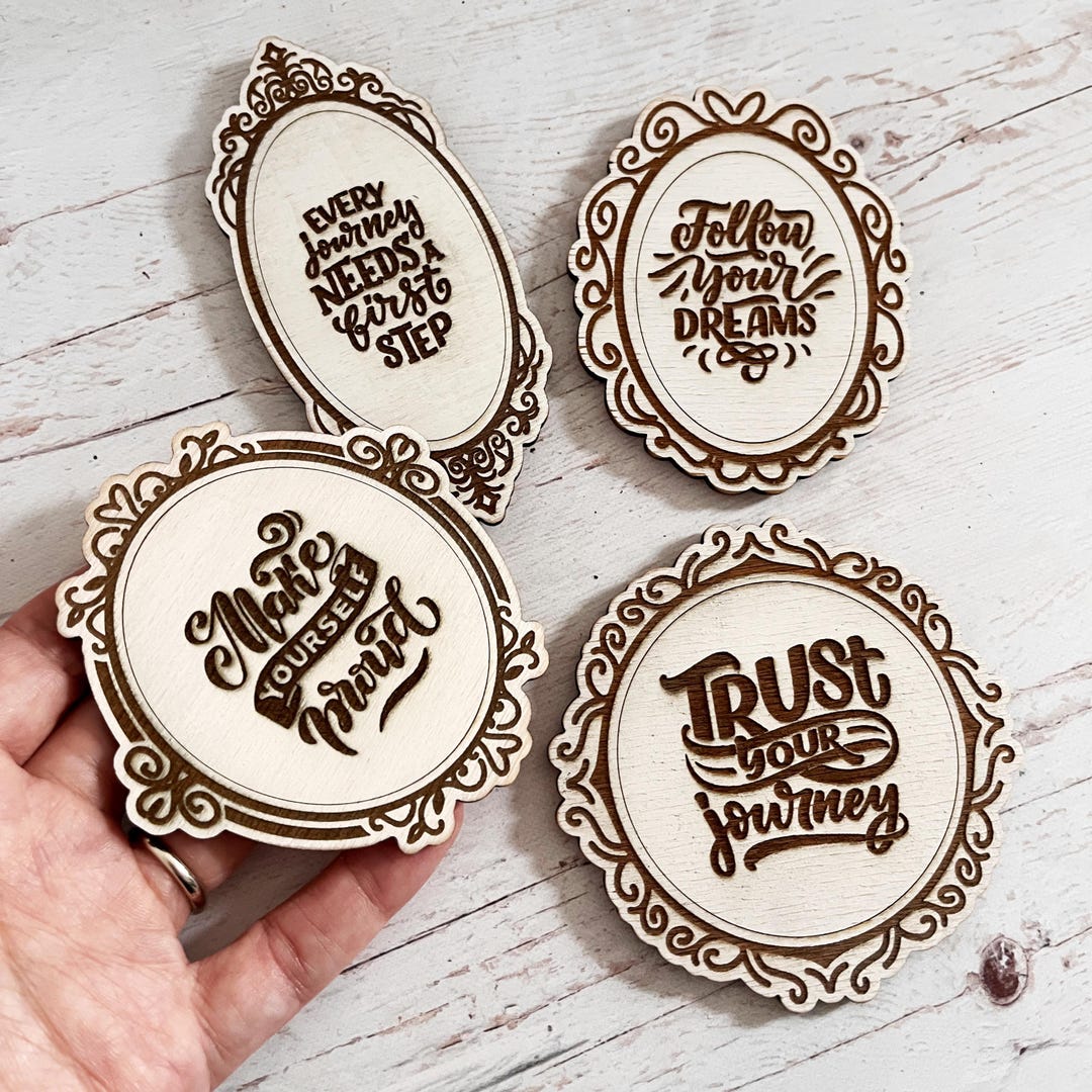 Set of 4 Inspirational Wooden Fridge Magnets – Engraved Mirror Shapes ...