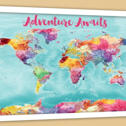 Colorful World Map Bright World Map With US States Cities - Etsy