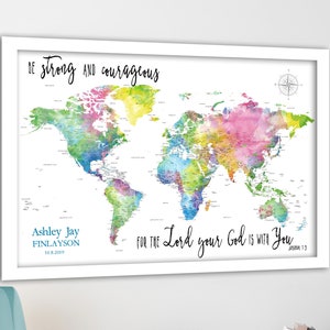 Christian World Map With Scripture, Be Strong and Courageous, Any ...