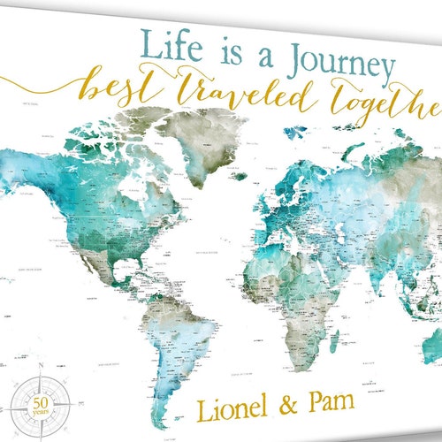 50th Anniversary World Map Push Pin Canvas Framed or Print | Etsy