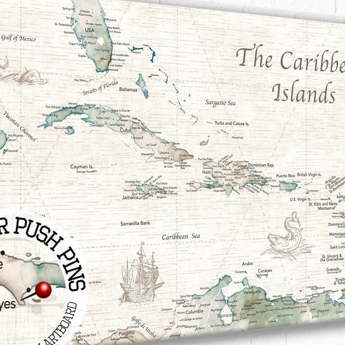Vintage Push Pin Map of Caribbean With Modern Details Island - Etsy