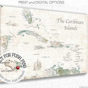Vintage Push Pin Map of Caribbean With Modern Details, Island Sailing ...