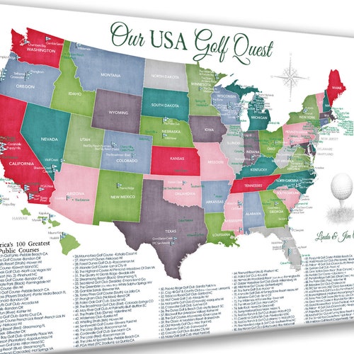 Golf Gift for Husband Wall Map of USA Golf Courses. Top 100 - Etsy
