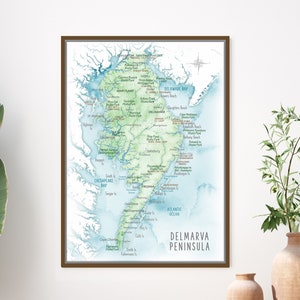 Delmarvar Peninsula Map Wall Art Vacation Home, Watercolor Tourist Map ...