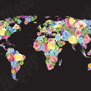 Large Watercolor Flower World Map, Feminine Art Print World Map Poster ...