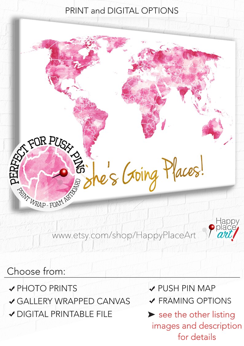 The Places She'll Go World Map Print Pink and Gold World | Etsy