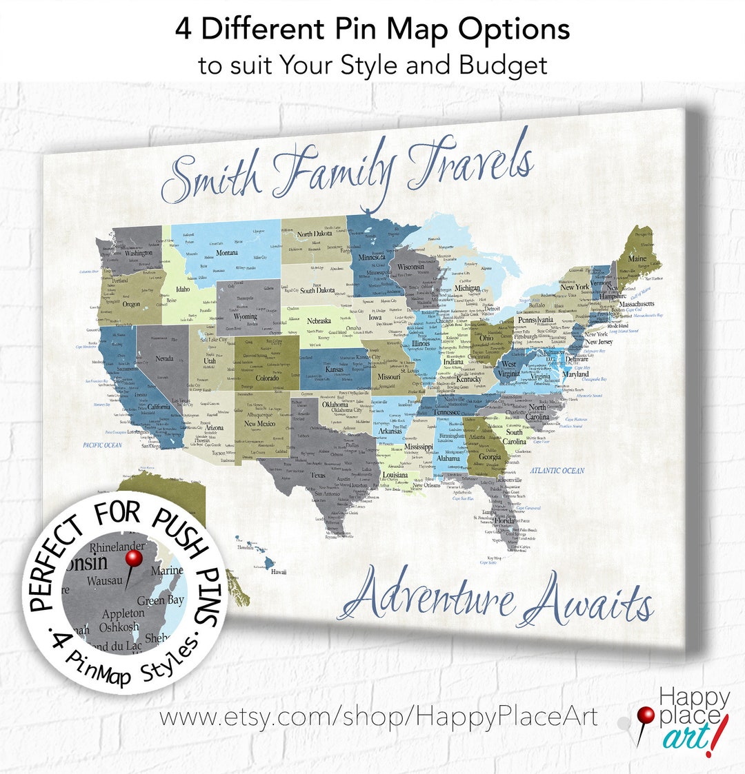 Personalized HUGE USA Map Poster Neutral Color Map Khaki, Blue, Cream ...