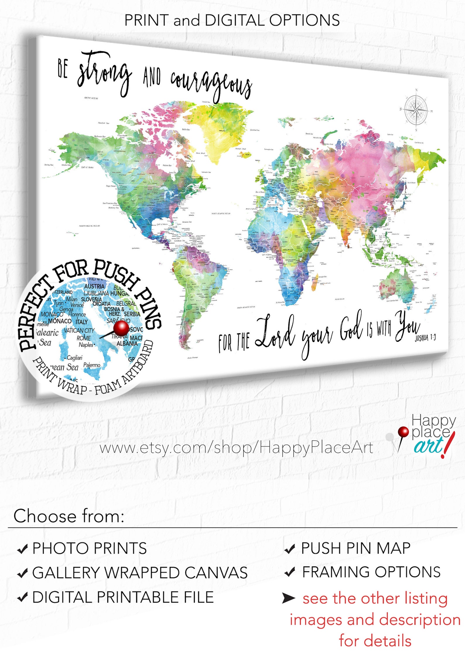 Christian World Map With Scripture Be Strong and Courageous | Etsy