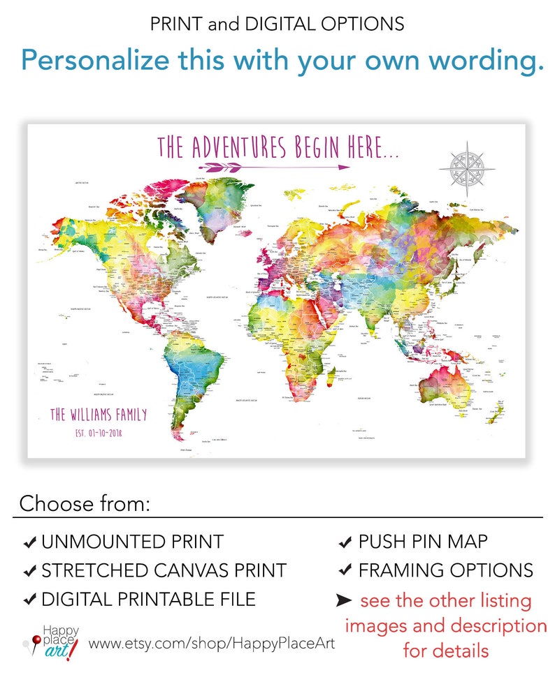 World Map Pin Board Map With Canvas Family Push Pin World - Etsy