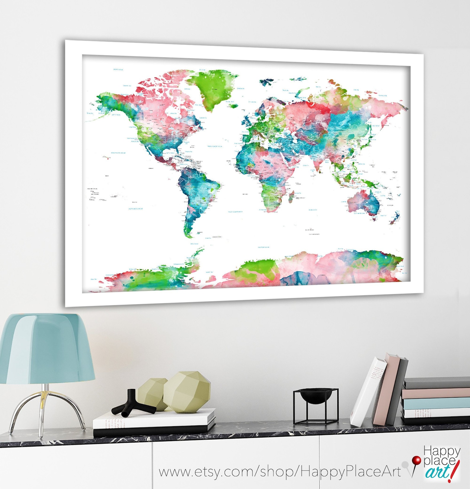 Huge Watercolor World Map Poster Turquoise and Coral Nursery | Etsy