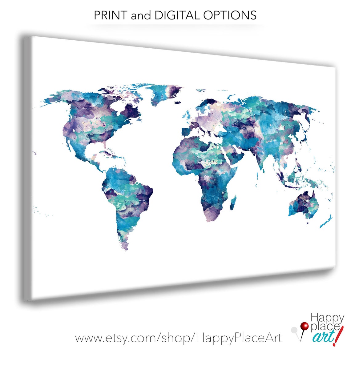 Dark Blue Aqua and Purple Watercolor World Map Poster Print. | Etsy