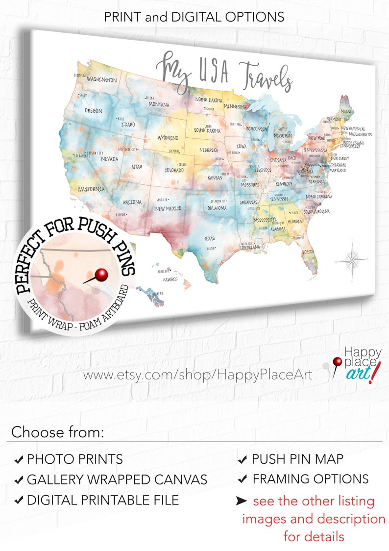 USA Travel Map Pretty USA Pinboard Wall Map for Young Woman | Etsy