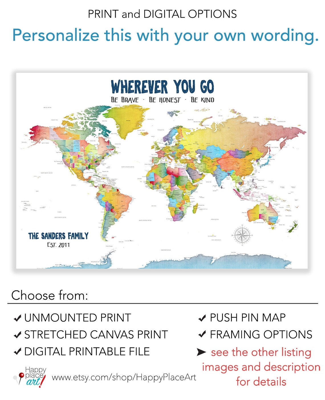 Personalized Family World Map Colourful Map Print Canvas - Etsy Nederland