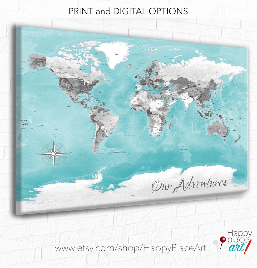 Large Canvas World Map, Huge Map, Aqua and Gray, Grayscale, Relief ...