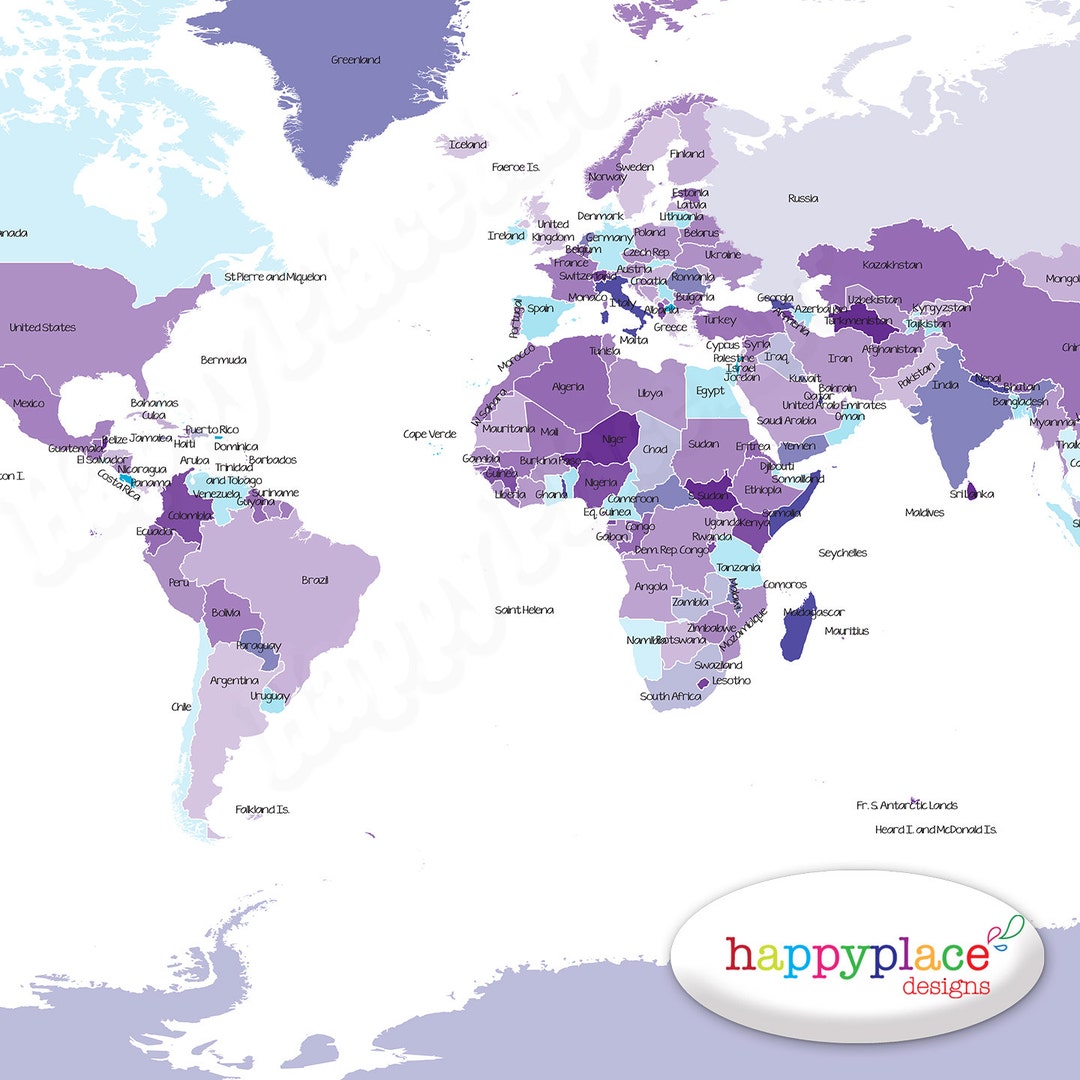 Purple World Map Wall Art in Large 20x30in & Country Labels and Borders ...