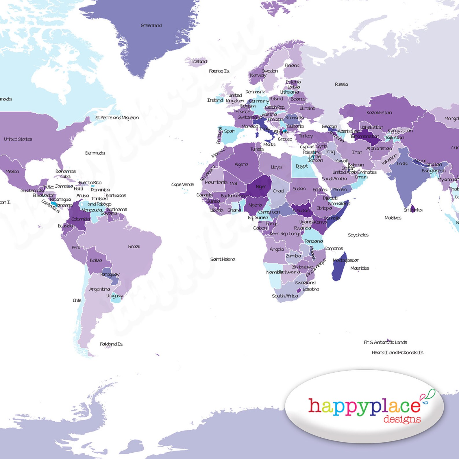 Purple World Map Wall Art in Large 20x30in & Country Labels - Etsy