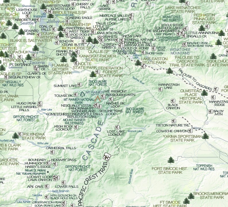Detailed Washington Hiking Map With Parks and Trails, Mountains of WA ...