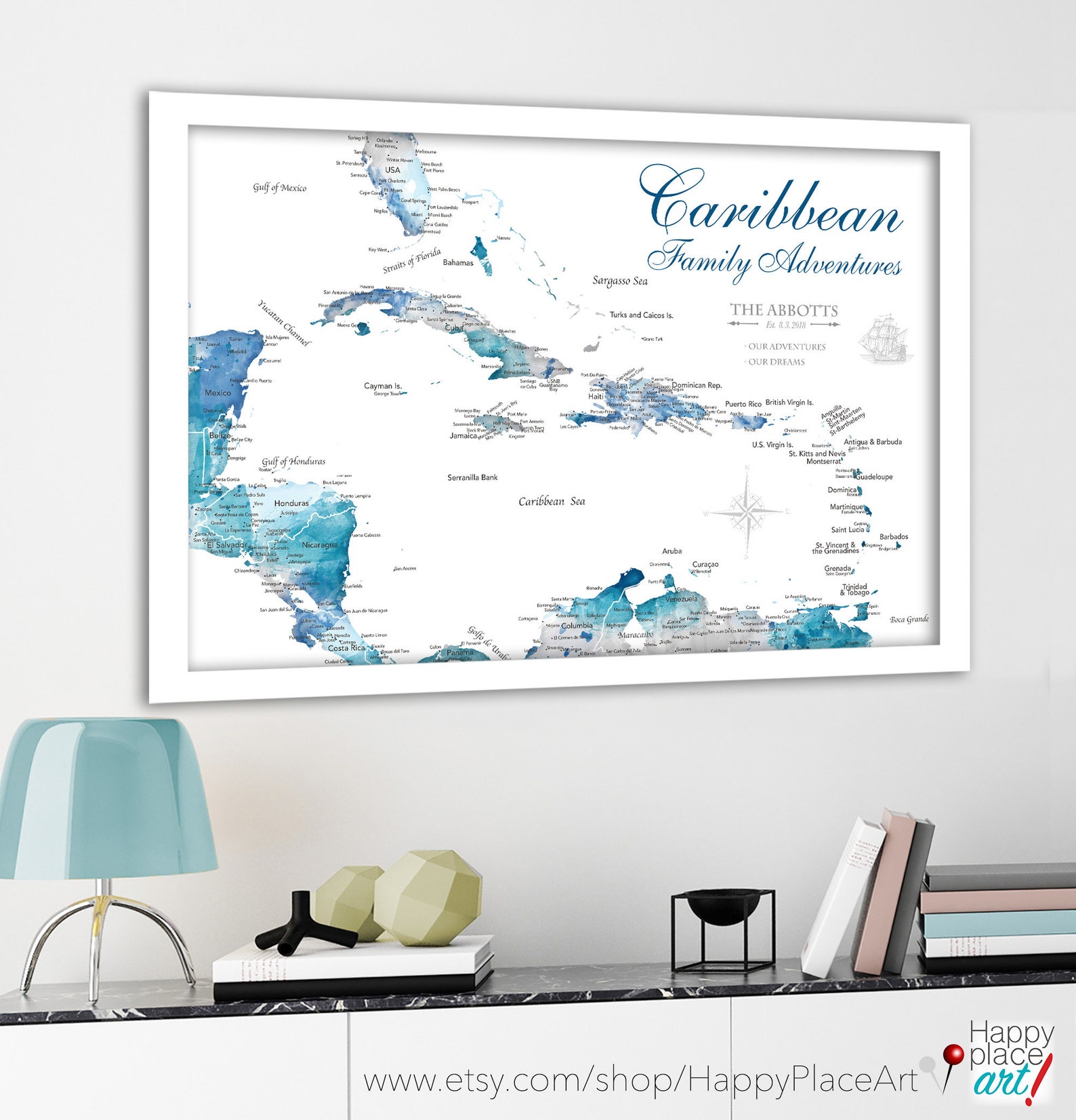 Family Map of Caribbean Travels, Push Pin Map, Canvas or Art Print ...