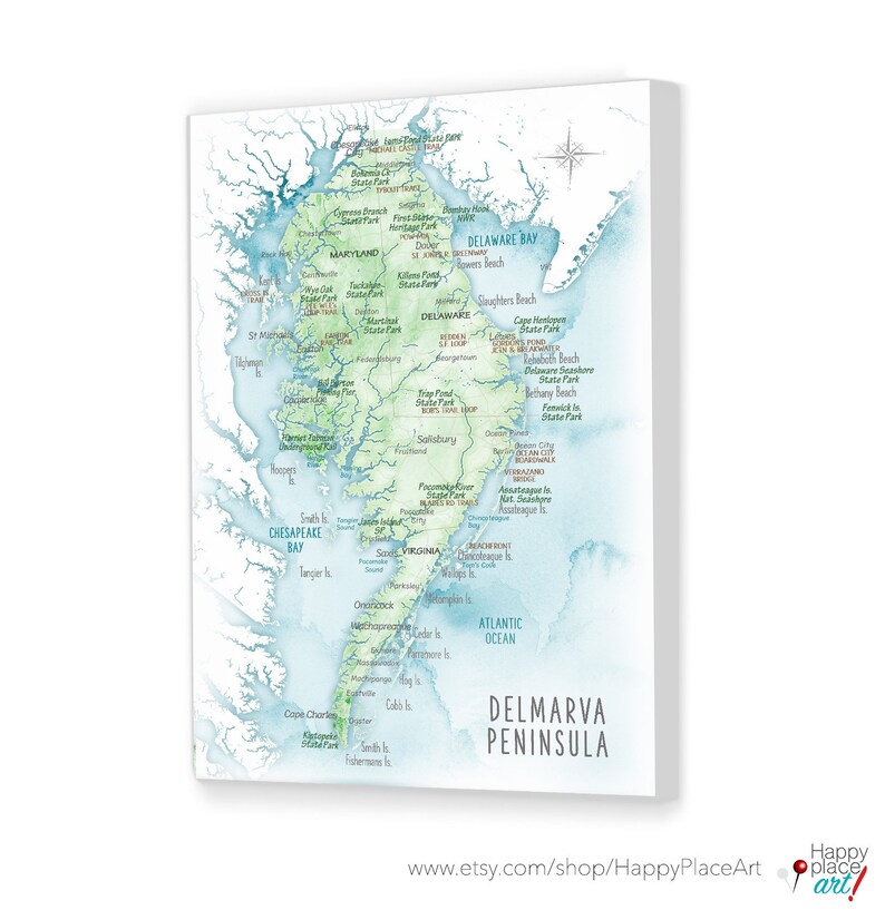 Delmarvar Peninsula Map Wall Art Vacation Home, Watercolor Tourist Map ...