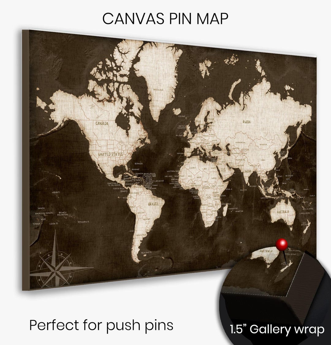 Framed World Map for Pins, Personalized Push Pin Travel Map, Large ...
