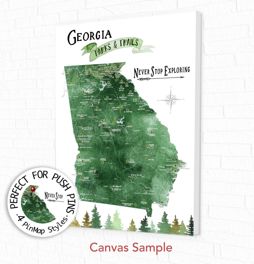 Georgia Map With State Parks and Hiking Trails, Push Pin Map of GA ...