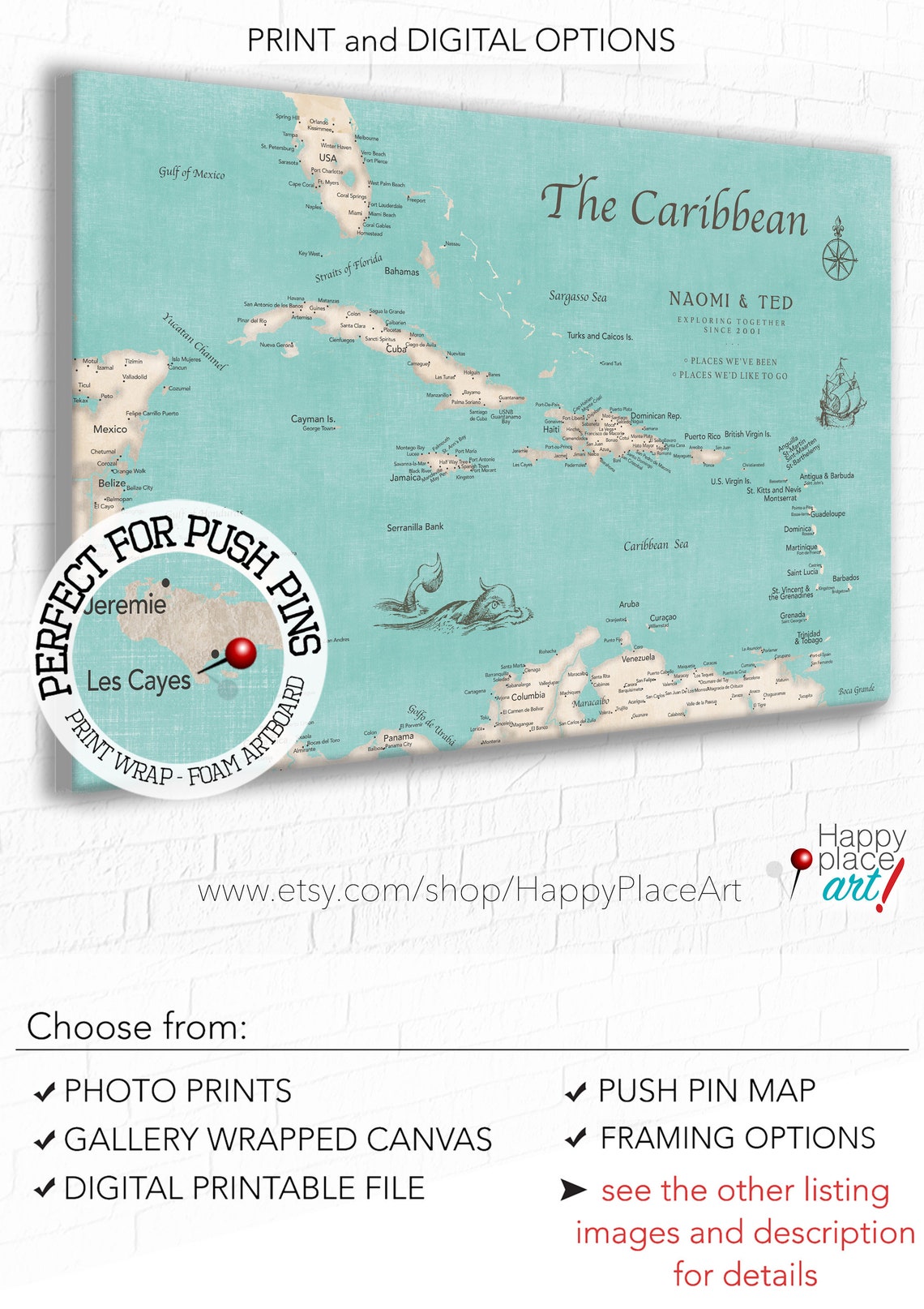 Personalized Push Pin Map of Caribbean With Frame or Ready to | Etsy