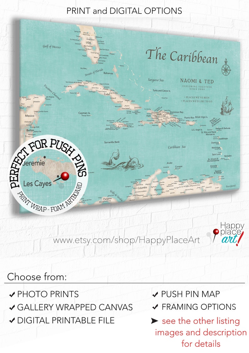 Personalized Push Pin Map of Caribbean With Frame or Ready to Hang ...