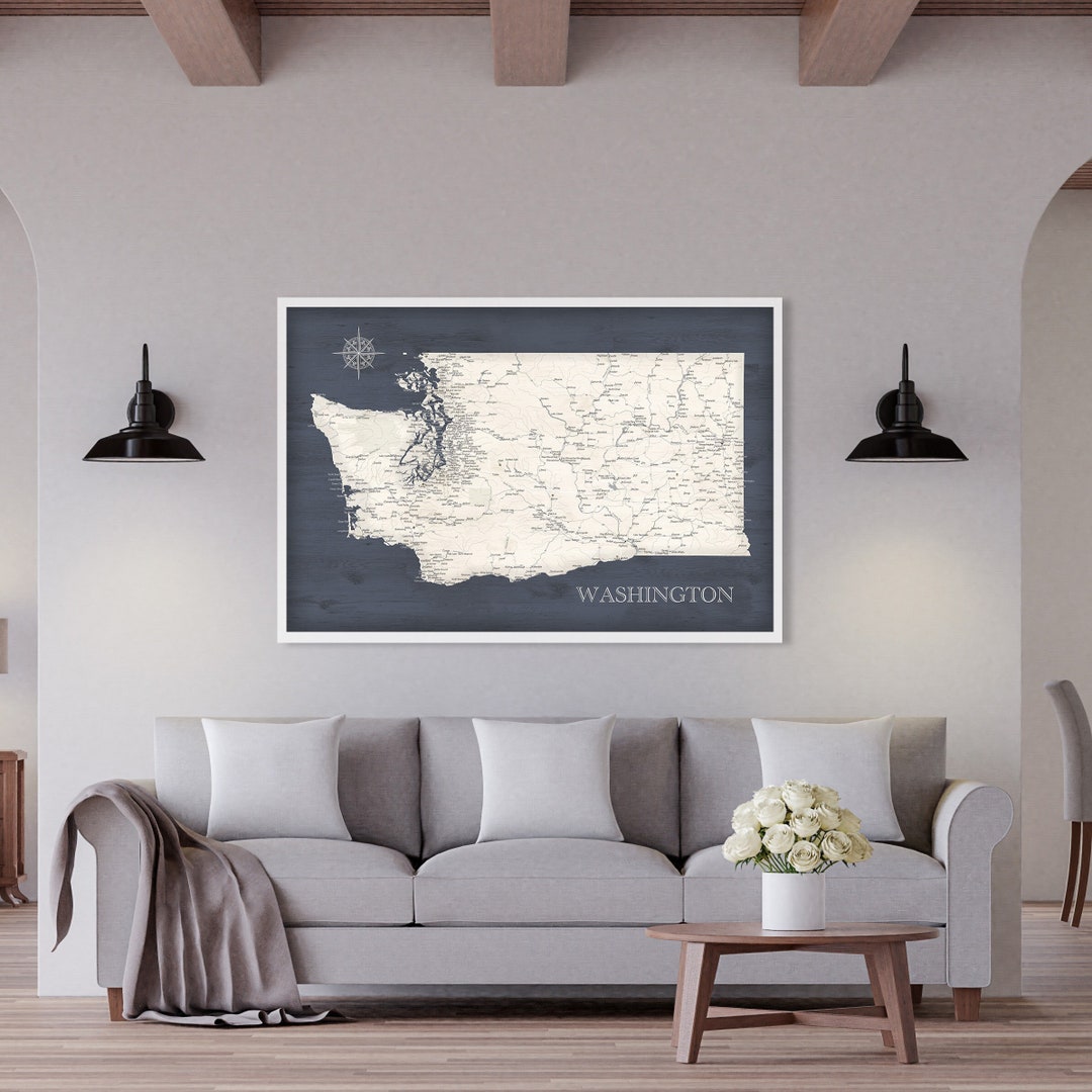 Push Pin WA Map, Washington Wall Map, Detailed Map of WA State, Framed ...