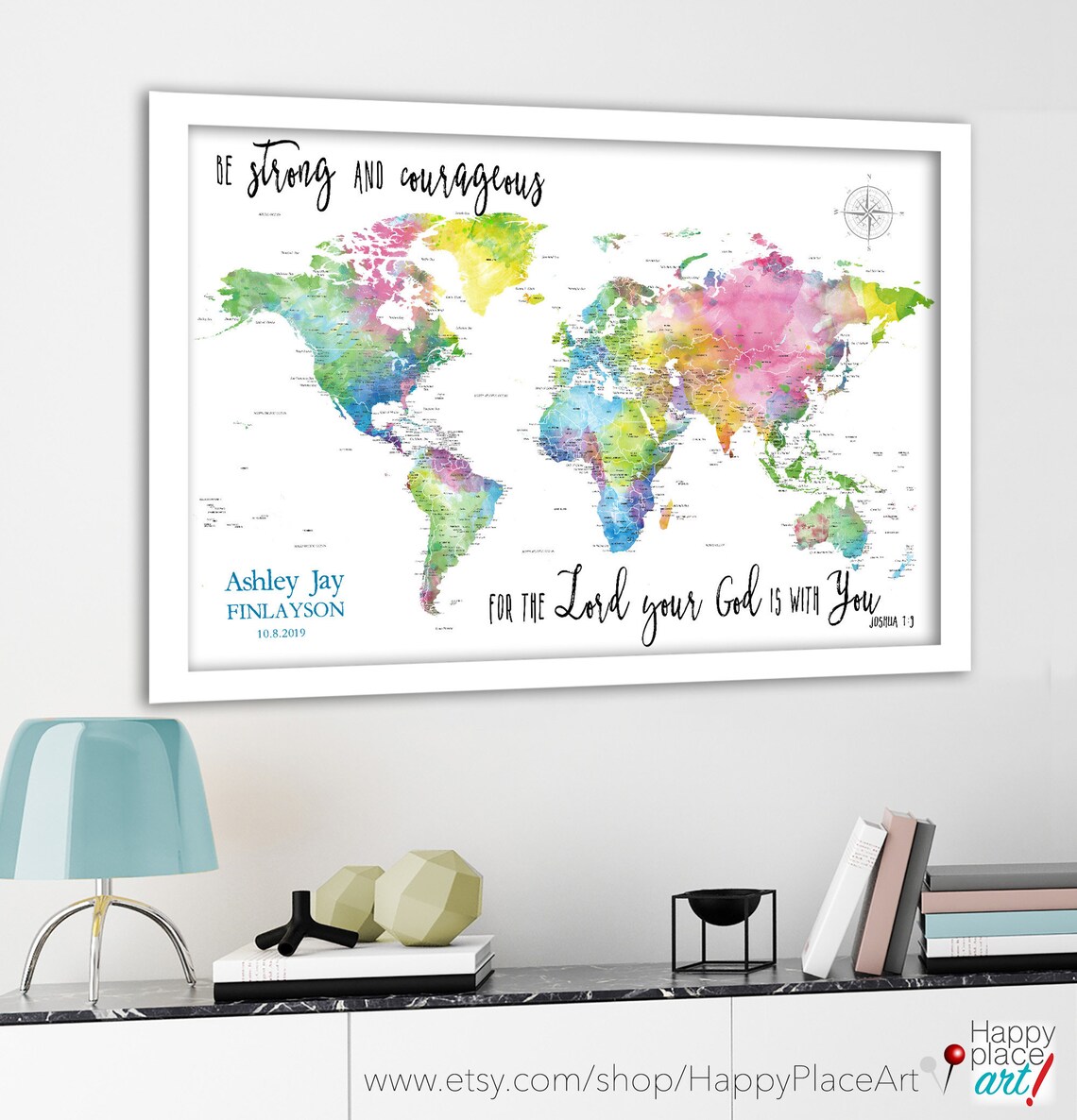 Christian World Map With Scripture, Be Strong and Courageous, Any ...