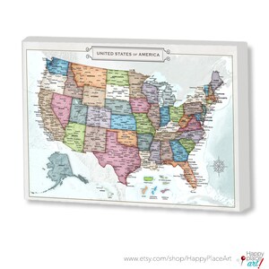 Beautiful USA Wall Map Canvas or Print, Detailed United States Push Pin ...