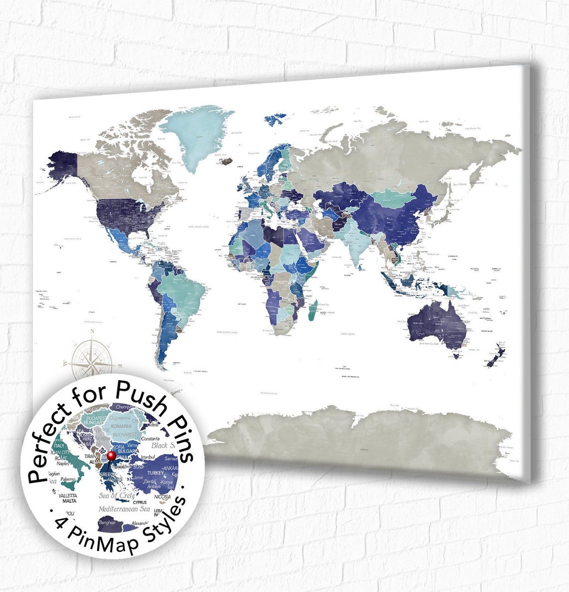 World Map Wall Art Foam Pin Board Map Canvas or Poster. Use Pins to ...
