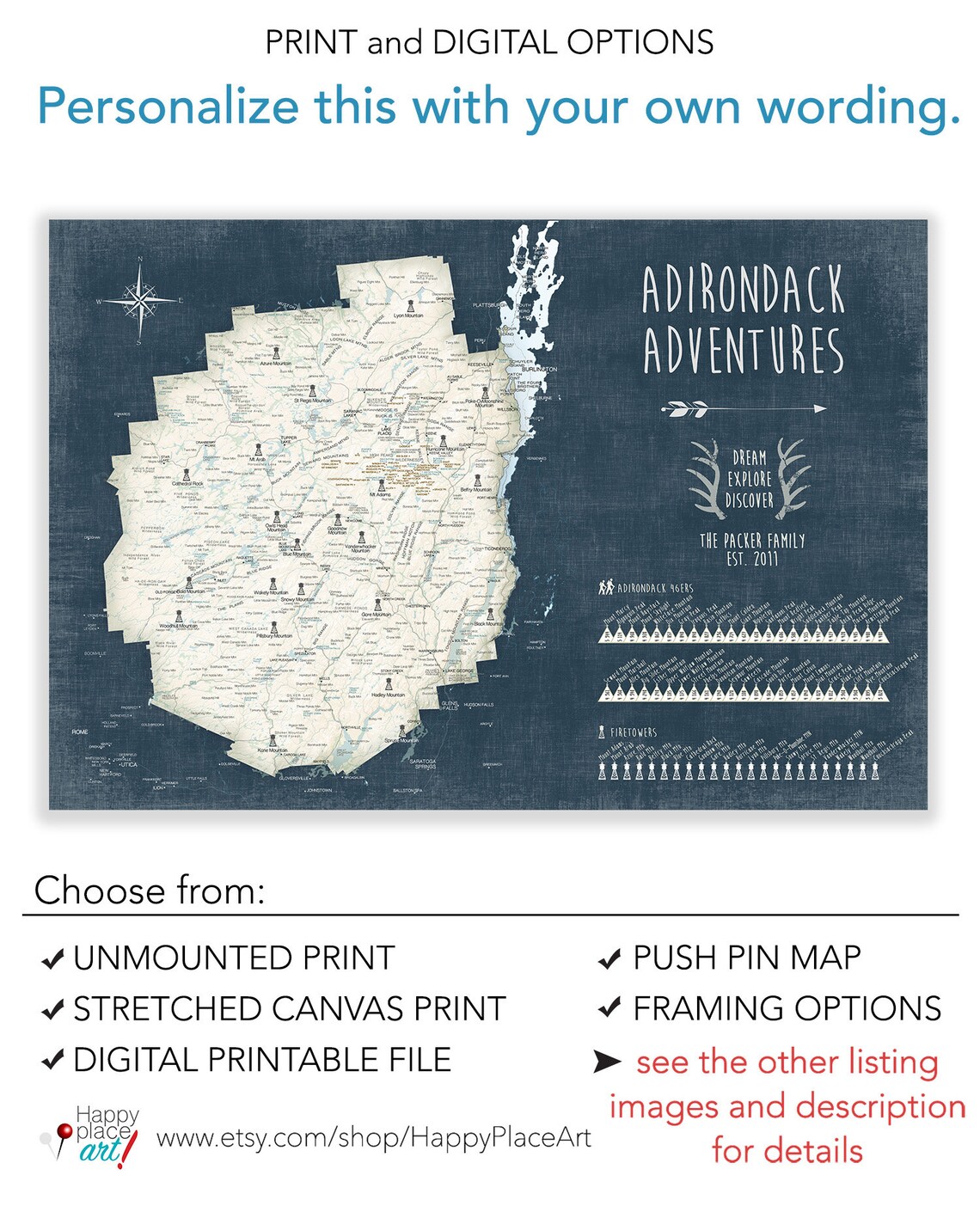 Detailed Adirondack Map Map of ADK Mountains Adirondack | Etsy