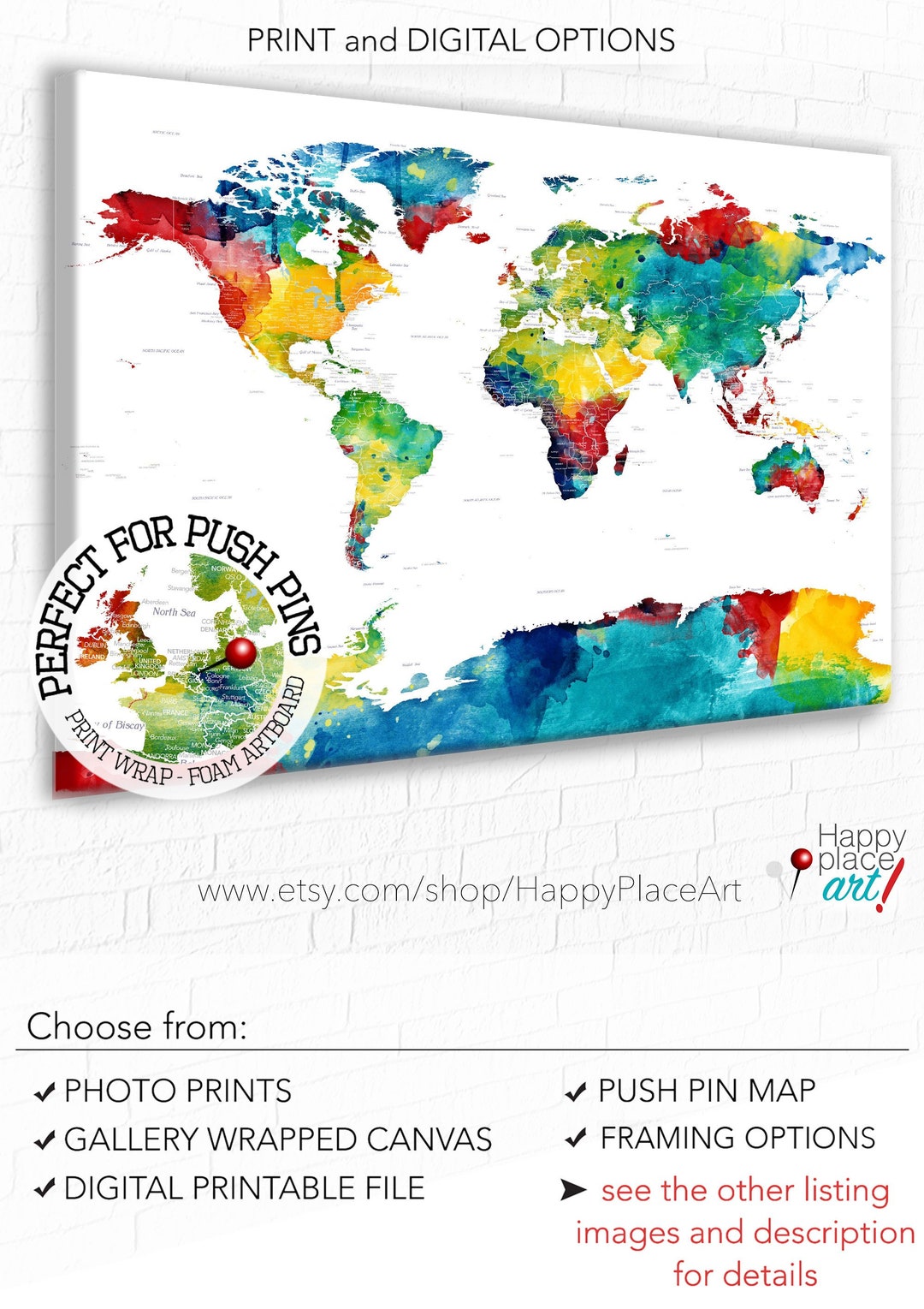Colorful Detailed Pushpin Map With Personalization Included. Mounted ...