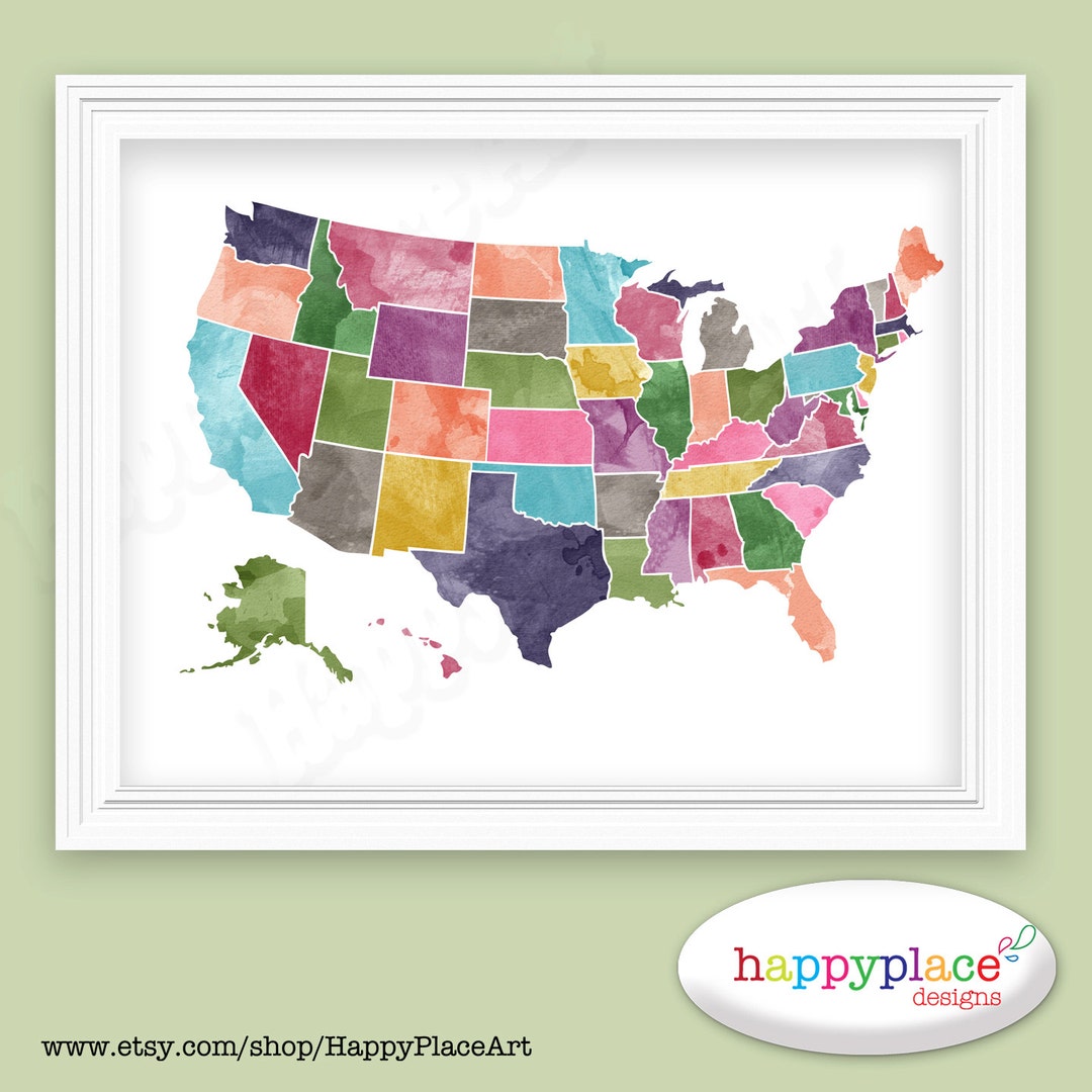 Bright Watercolor USA Map Printable for Instant Download in 8x10 ...