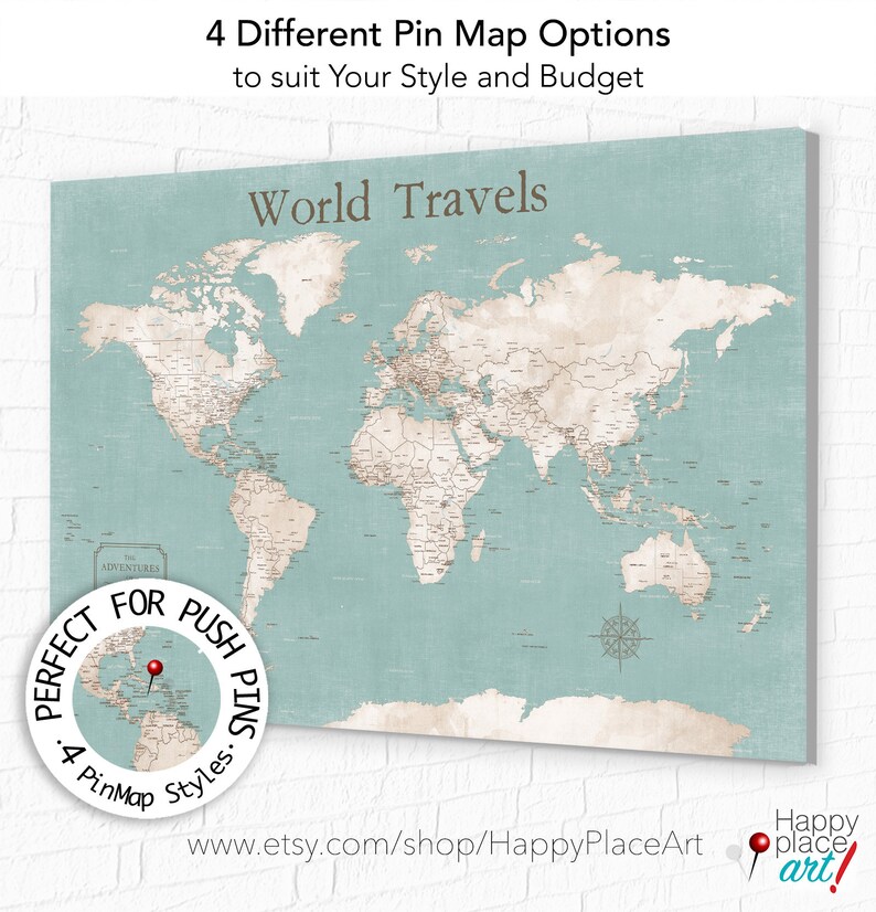 Framed World Map Wall Art With Cities, Large Canvas Map or Poster or ...