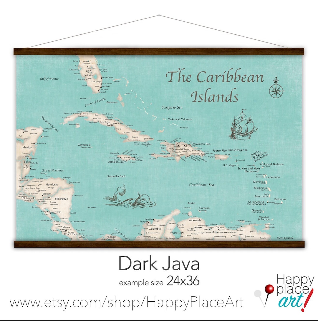 Large Map of Caribbean, Hanging Canvas Island Map, Caribbean Travels ...