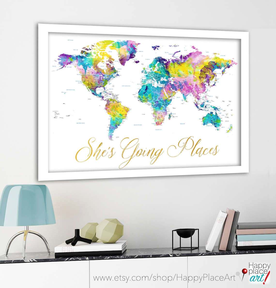 She's Going Places World Map With Lots of Detail. Personalized Push Pin ...