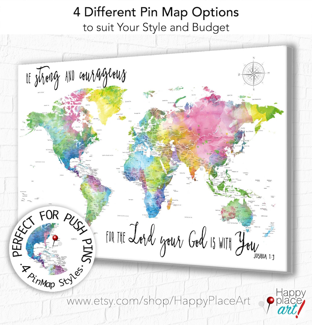 Christian World Map With Scripture, Be Strong and Courageous, Any ...