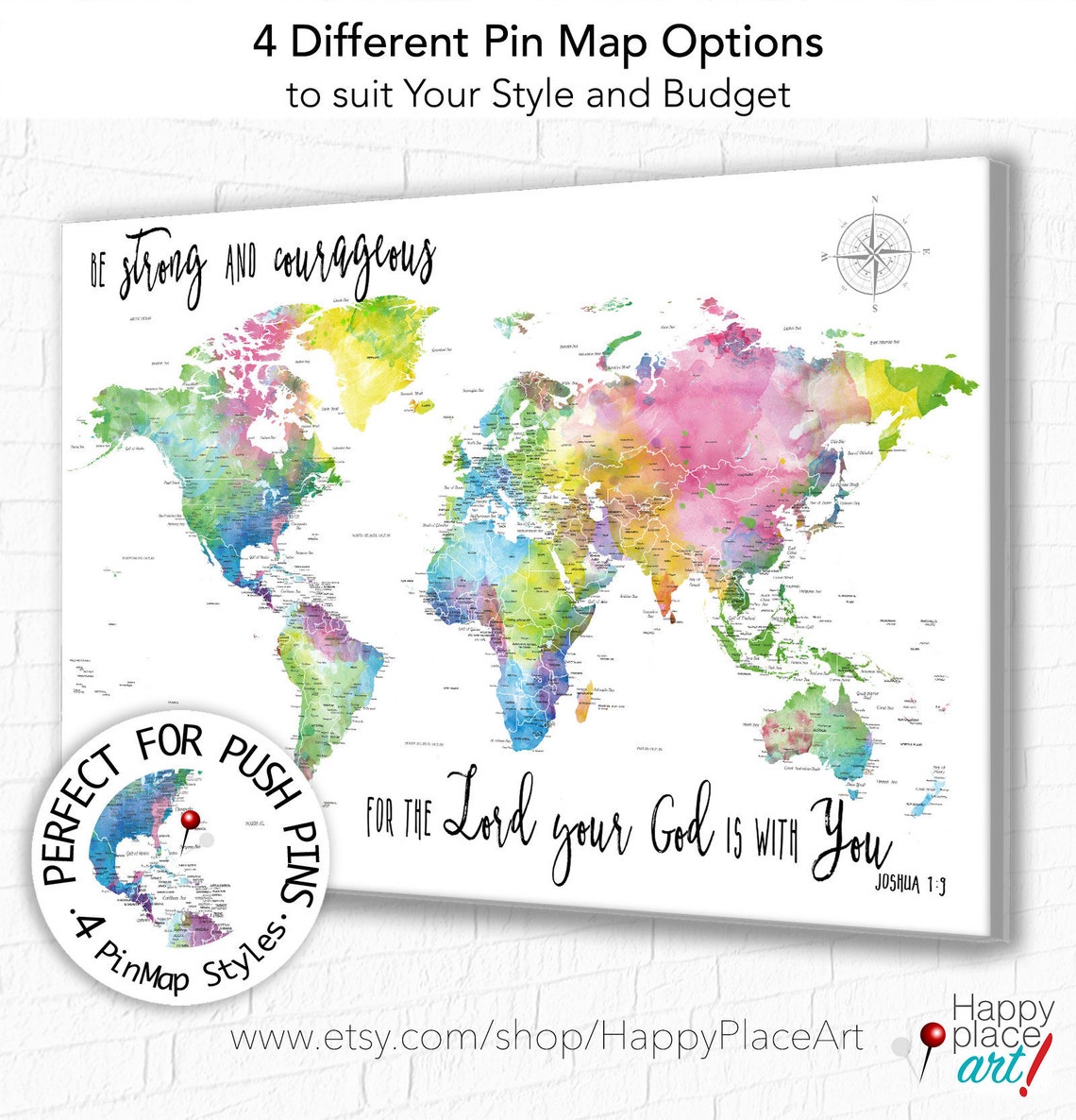 Christian World Map With Scripture, Be Strong and Courageous, Any ...