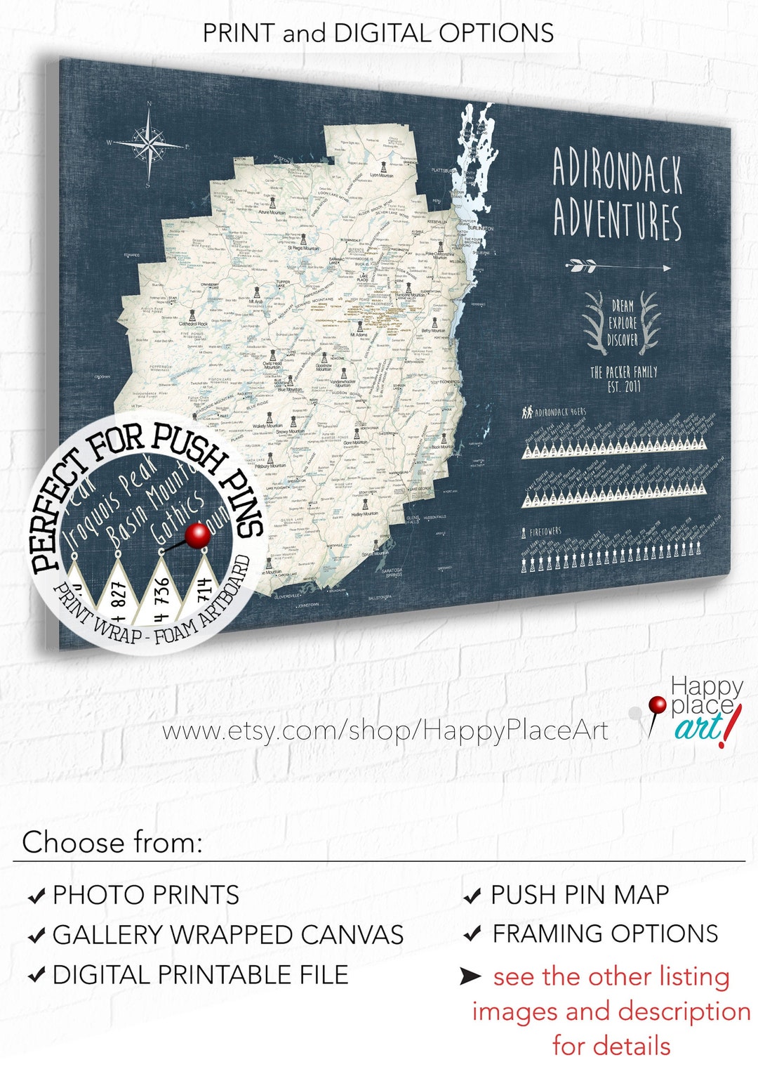 Detailed Adirondack Map, Map of ADK Mountains, Adirondack Gifts, 46 ...