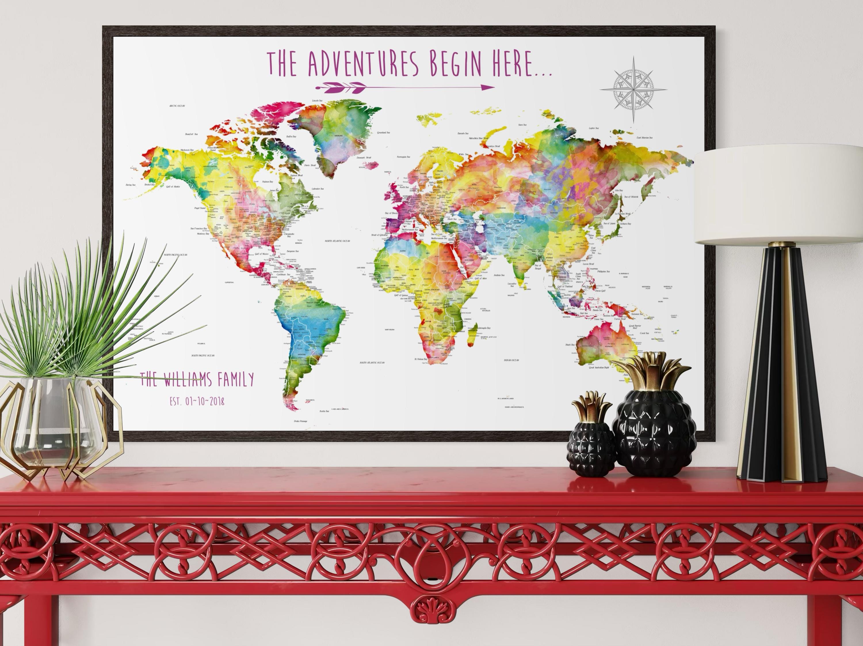 World Map Pin Board Map With Canvas, Family Push Pin World Map, Perfect ...