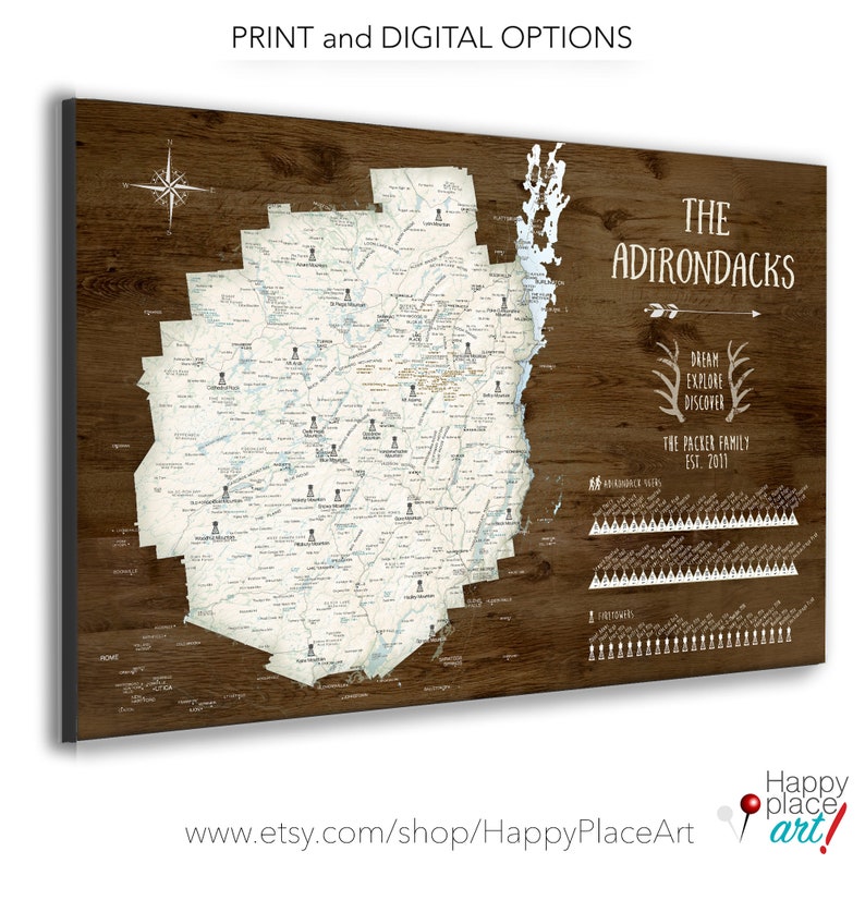 High Peaks ADK, Adirondack Fire Towers, Personalised Hiking Map Poster ...